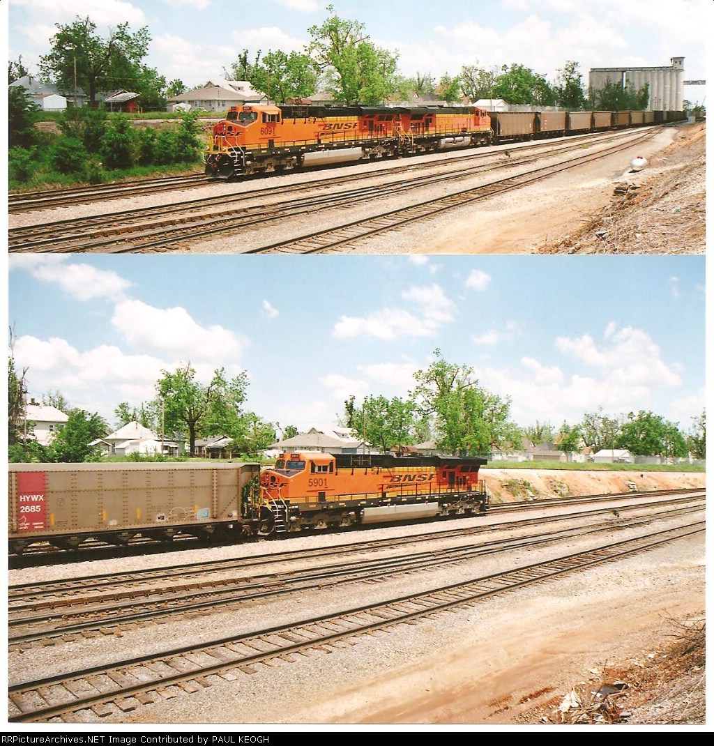 BNSF 6091 and BNSF 5901 as its rear DPU roll west.